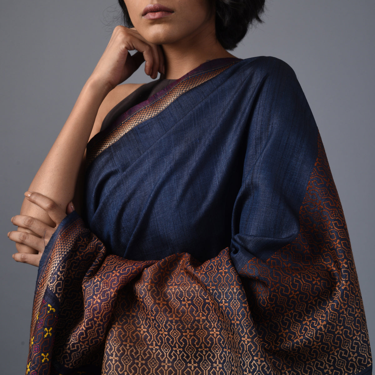 TRI RATNA Tussar Silk Sari - Steel Blue – Vriksh Designs